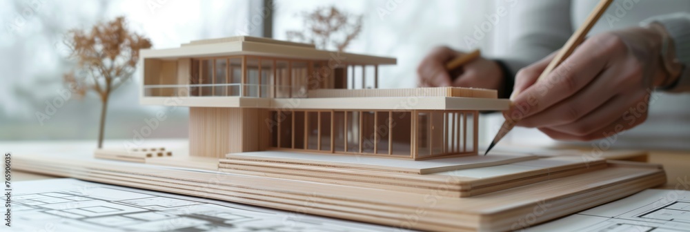 Architect's hand sketching and crafting a modern house model on ...