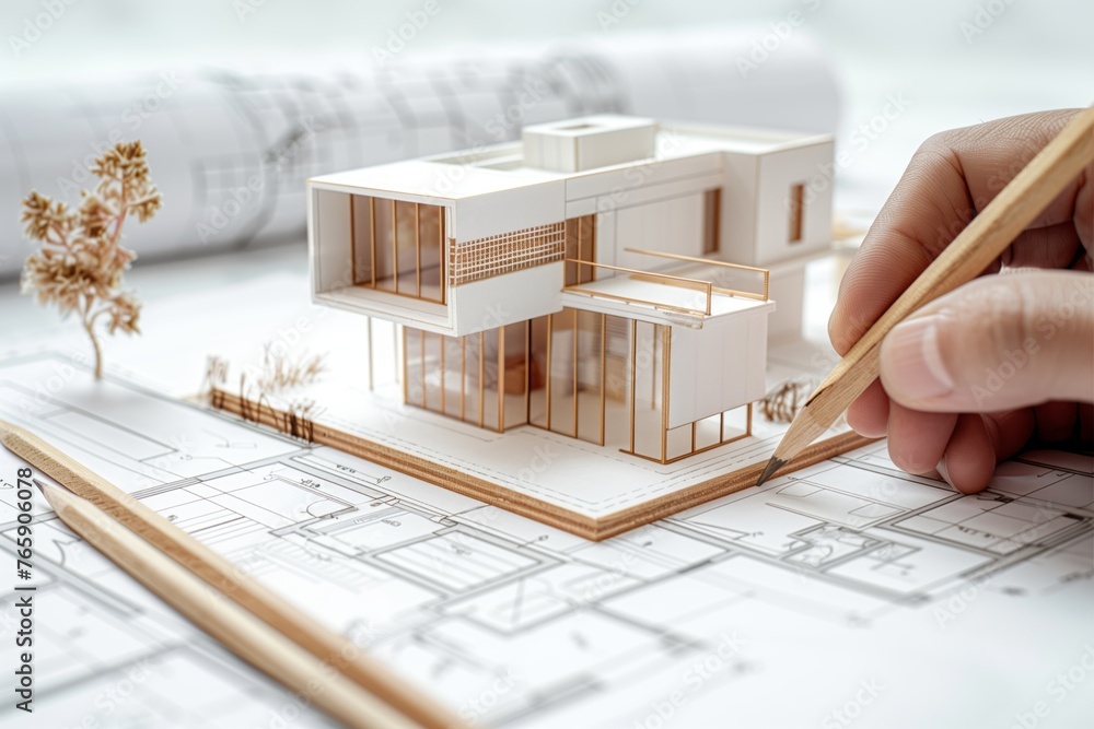 Architect's hand sketching and crafting a modern house model on ...
