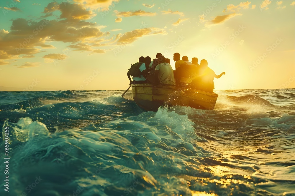 Group of migrants crossing sea border in overcrowded boat on dangerous ...