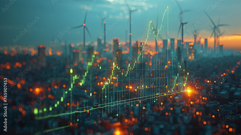 Stock market graphs and economic data visualized with icons of solar ...