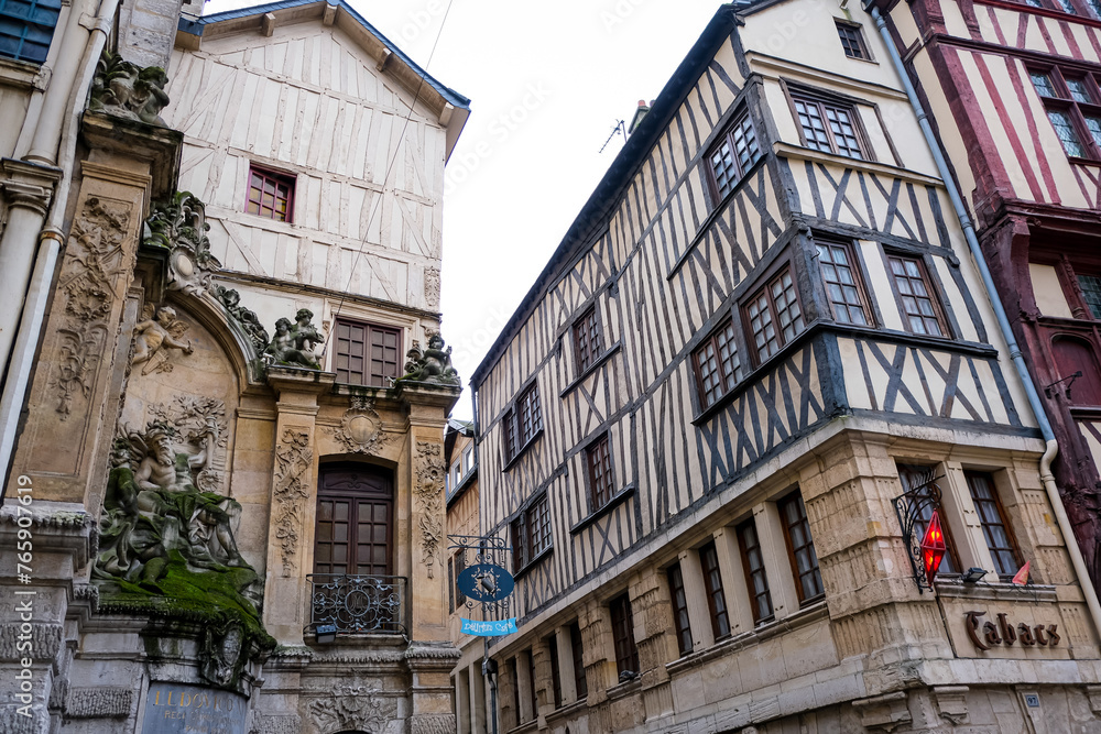 Rouen, France - 19.02.2024. Medieval street view of historical center ...