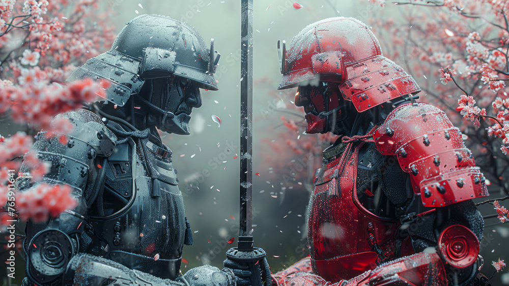 a cinematic live-action film photography of 2 futuristic samurai robots ...