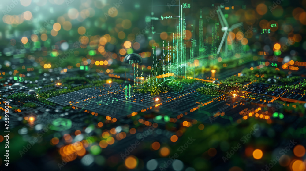 Stock market graphs and economic data visualized with icons of solar ...
