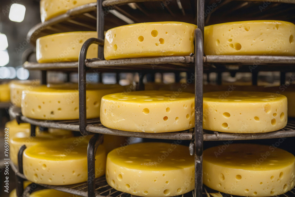 A stack of yellow cheese wheels on a wooden shelf. The cheese is ...