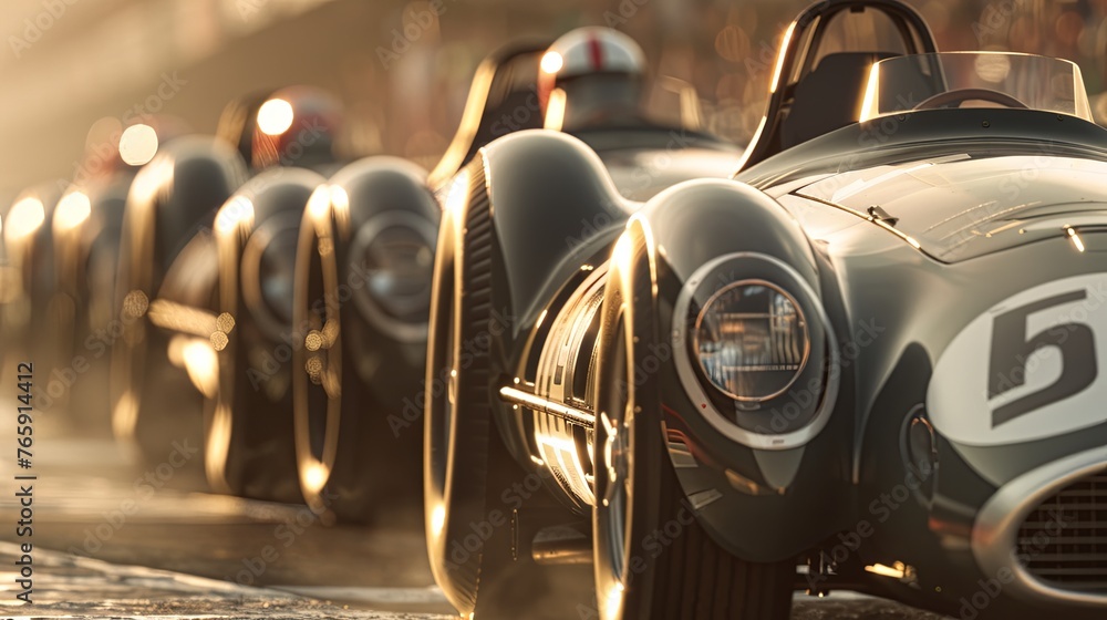 Racing cars in readiness for the start on the race track. A car with a ...