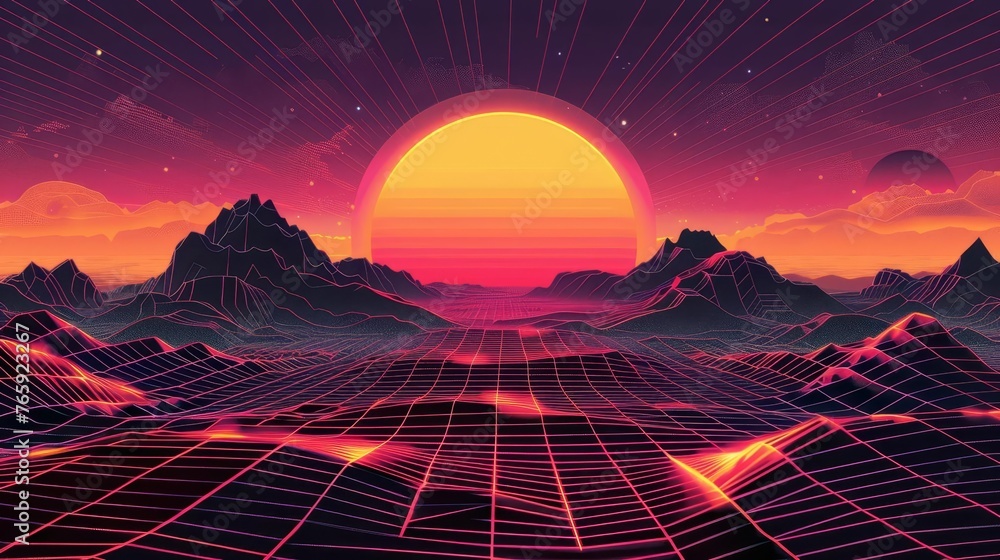 Retro 80s neon grid landscape with sun and mountains, vaporwave ...