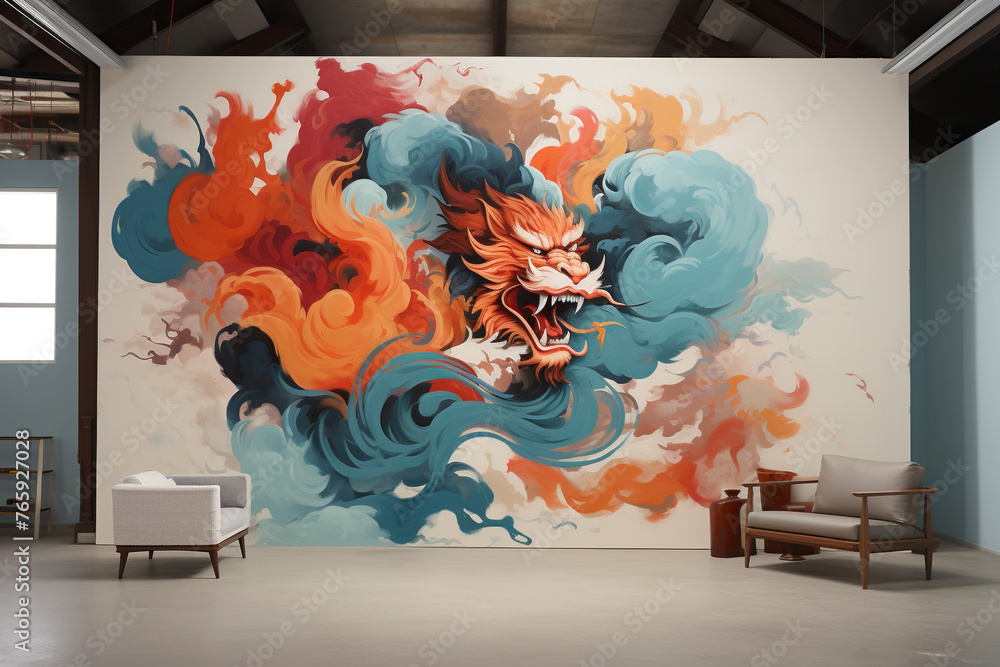 Drawing of a fierce dragon on a white wall in an empty room. Generated ...