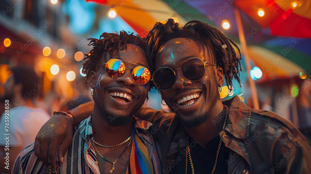 Two young black african American men lgbt couple hugging smiling ...