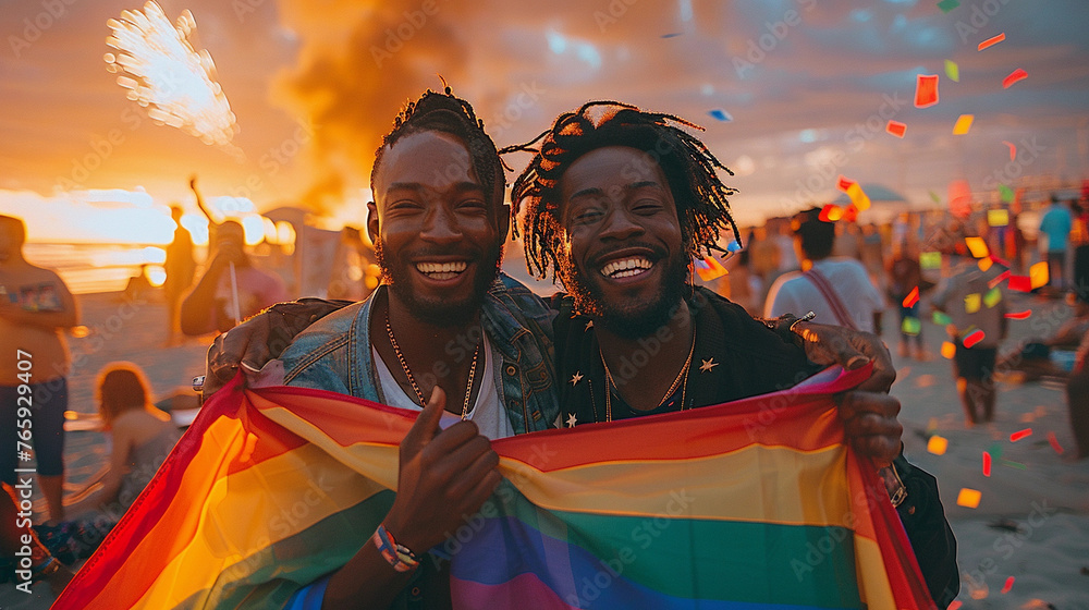 Two young black african American men lgbt couple hugging smiling ...