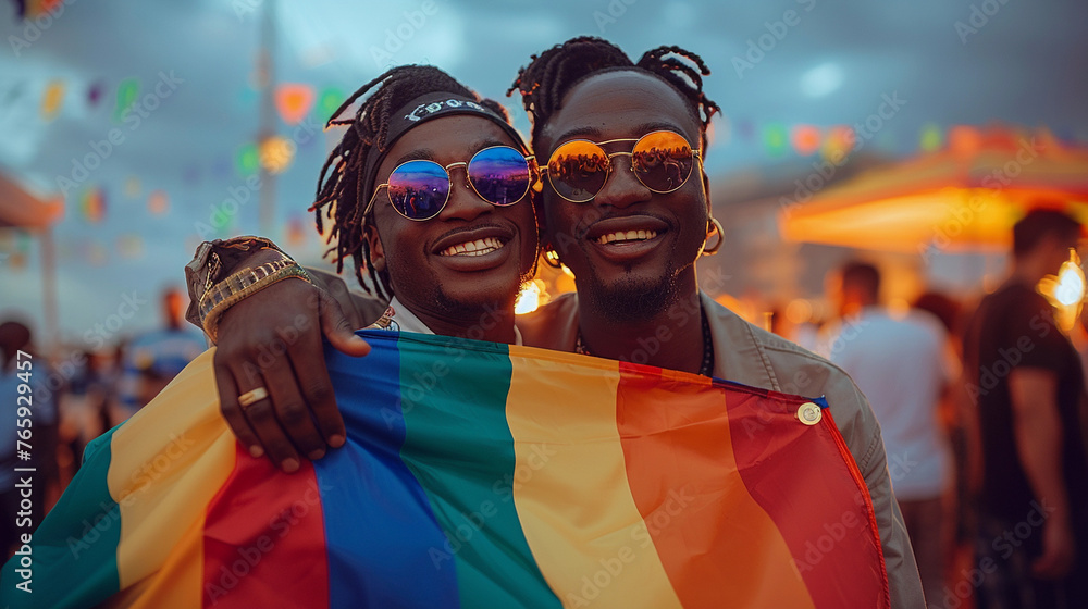 Two young black african American men lgbt couple hugging smiling ...
