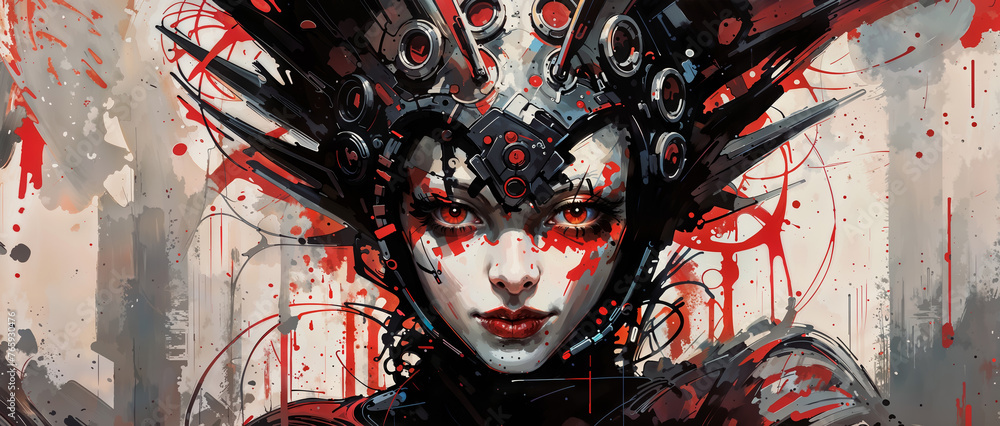 Bloody red female cyborg assassin, sinister red deceitful eyes and ...