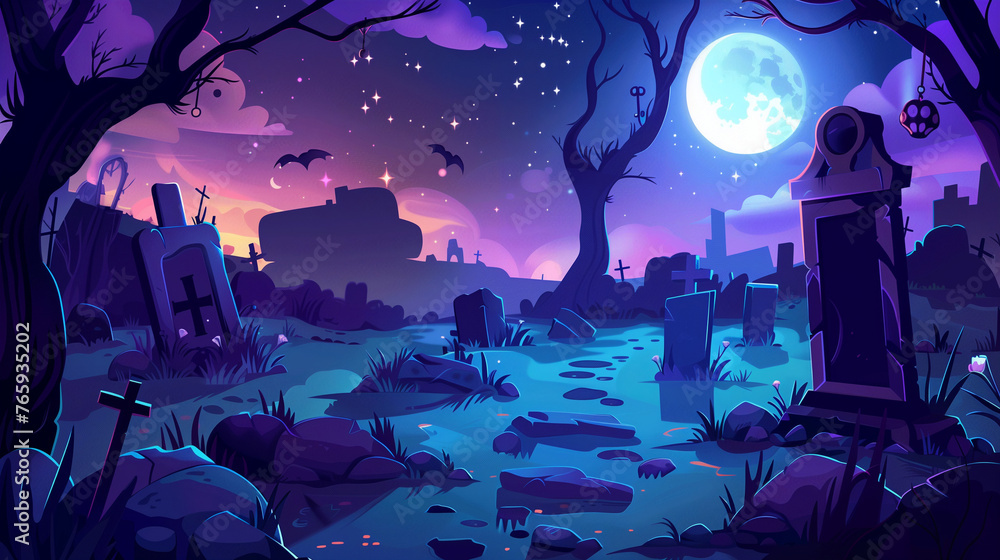 Cartoon Graveyard Game Background: 2D Illustration Setting the Scene ...