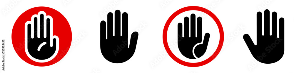 Stop hand icon. Set of hand icons. Black silhouette of hand in flat ...