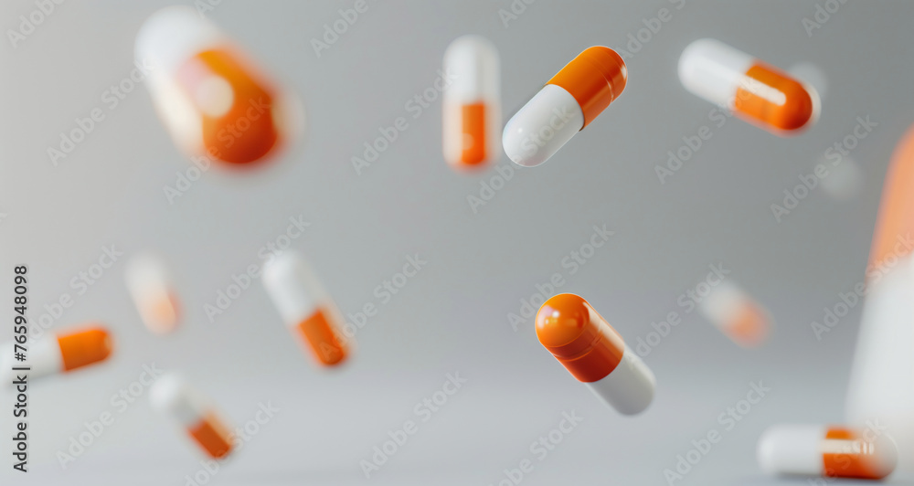 Orange and white capsules suspended in mid-air on a gray background ...