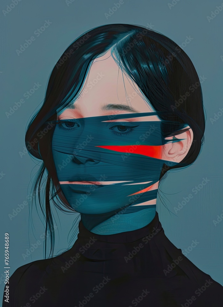 modern portrait style, featuring a unique blue and red glitch effect ...