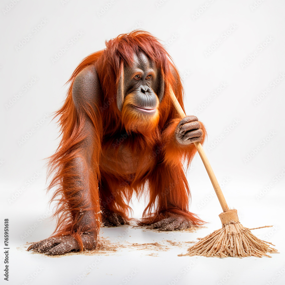 An orangutan is standing upright on its hind legs, holding broom in its ...