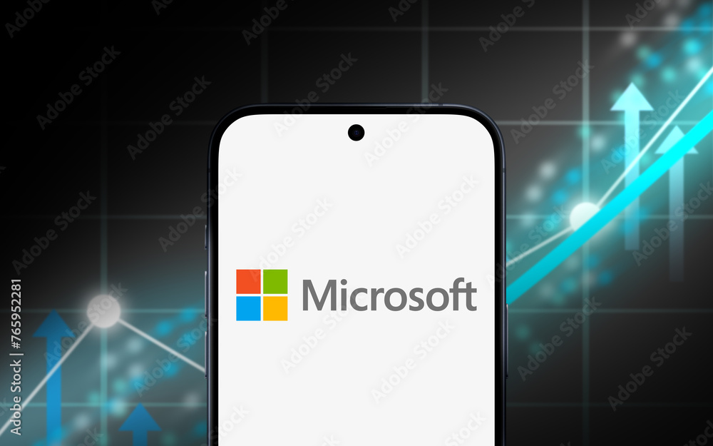 Microsoft logo displayed on a modern smartphone, rising blue graph with ...