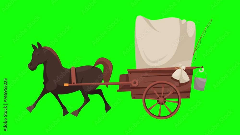 2D Animation of a running cartoon horse cart. Chroma key green screen ...
