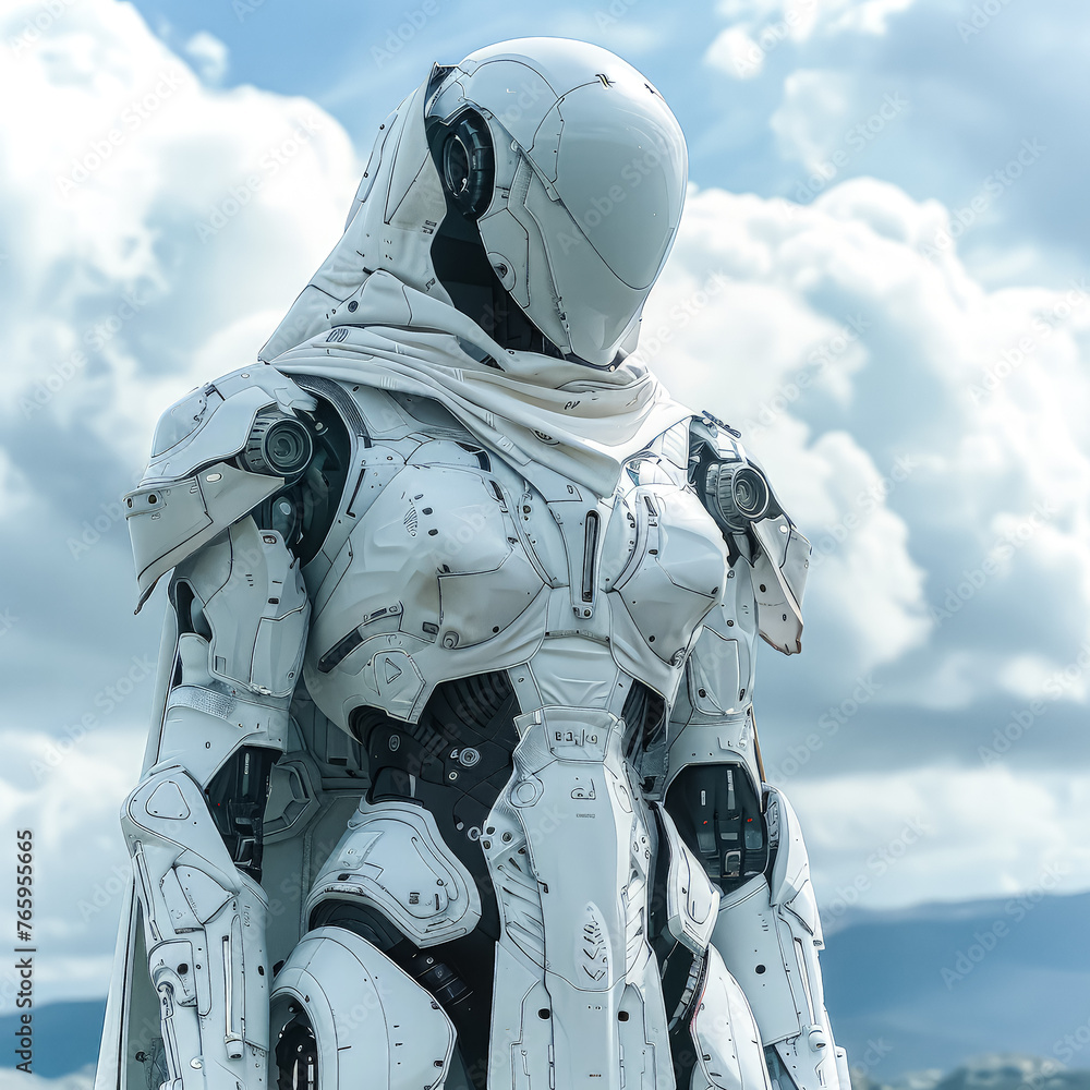 A robot with a white cloak stands in front of a wall. The robot is ...