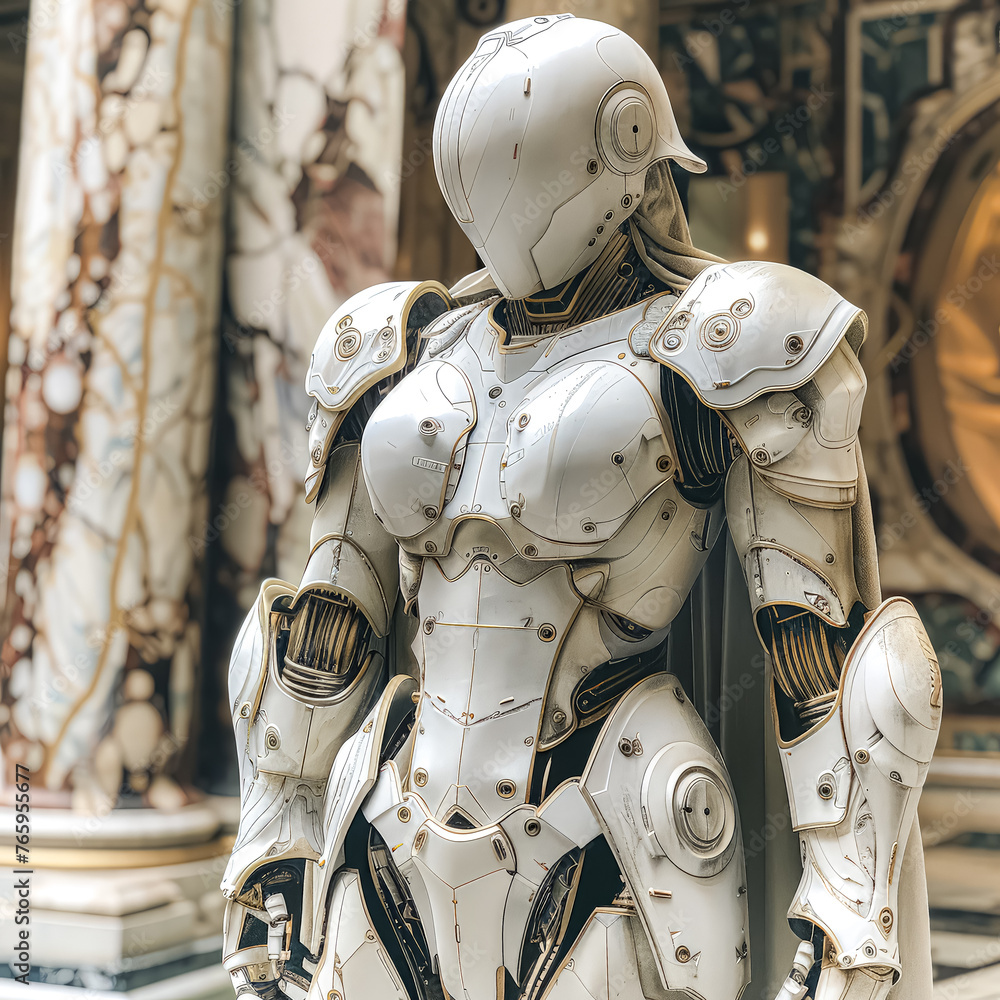 A robot with a white cloak stands in front of a wall. The robot is ...