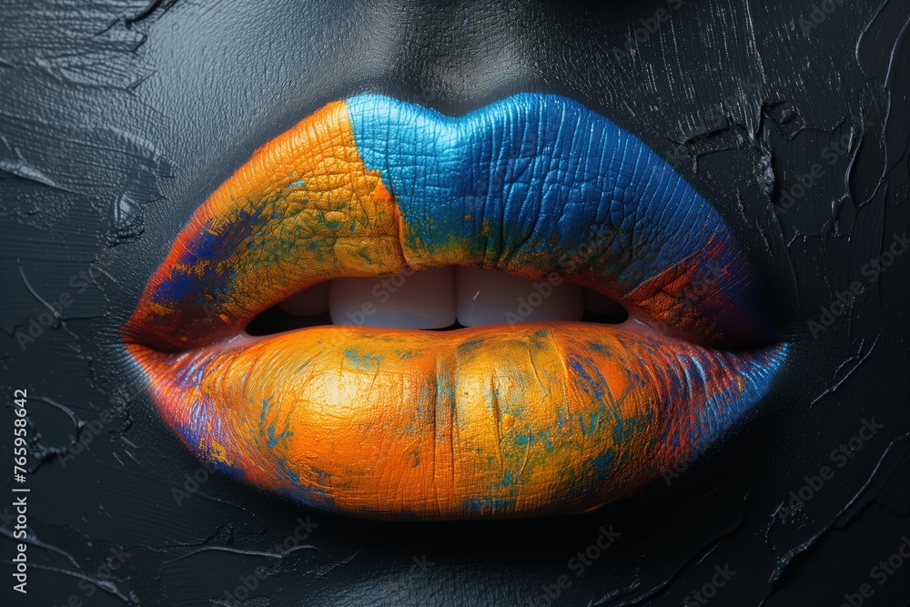 Painted lips extreme close-up. Large, plump female lips painted with ...