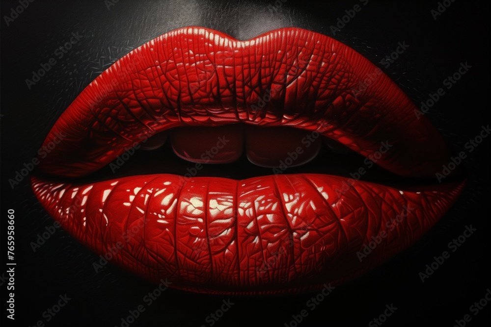 Large plump female lips painted with red lipstick, very close-up, in a ...