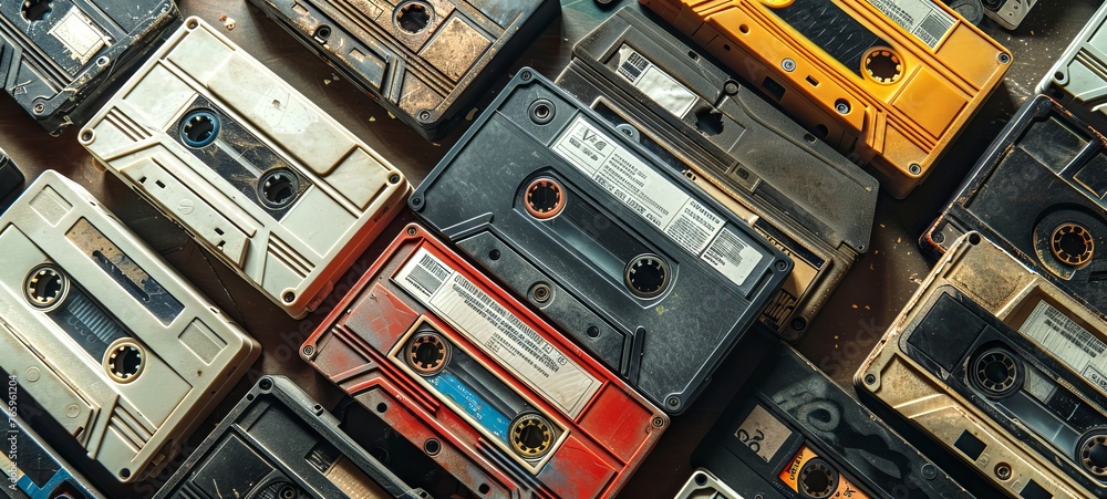 Collection of Retro cassette tapes of vibrant hues. Top view ...
