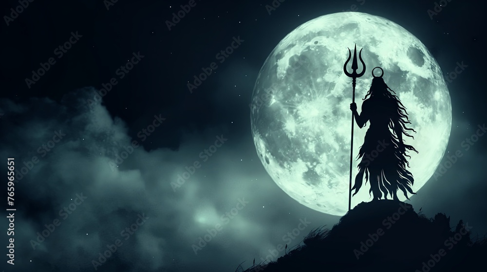 Illustration of lord shiva silhouette with trident against full moon ...
