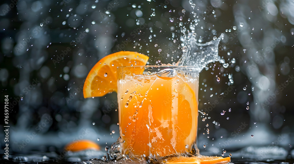 Orange Juice Water Splash on Dark Surface in Y2K Aesthetic Stock Photo ...
