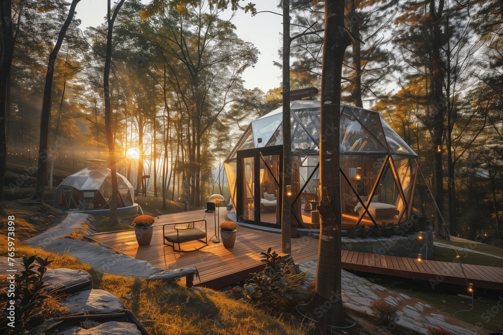 Dawn in the Forest Glamping Pod. Serene morning scene with a geodesic ...
