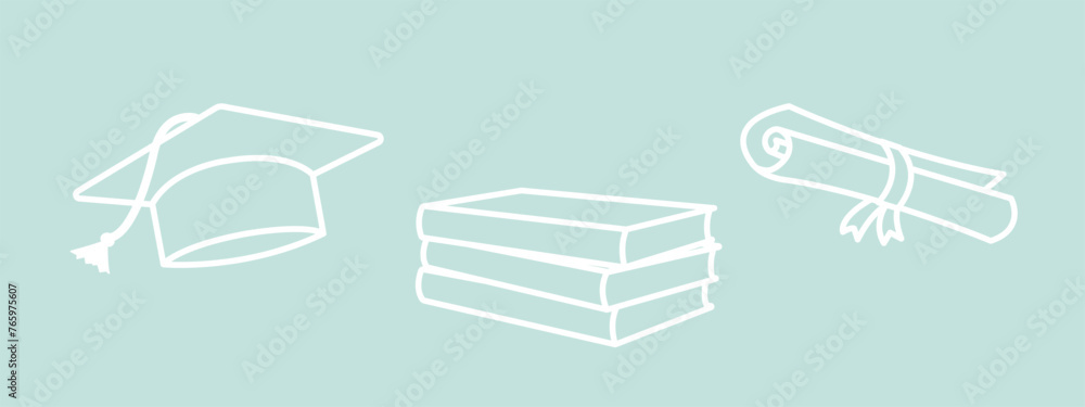 school icons, white outline, hat, scroll, books, graduation symbols ...