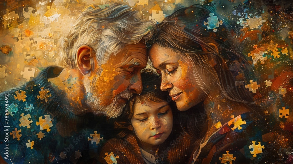 Family portrait for Autism Acceptance Month, symbols of awareness ...