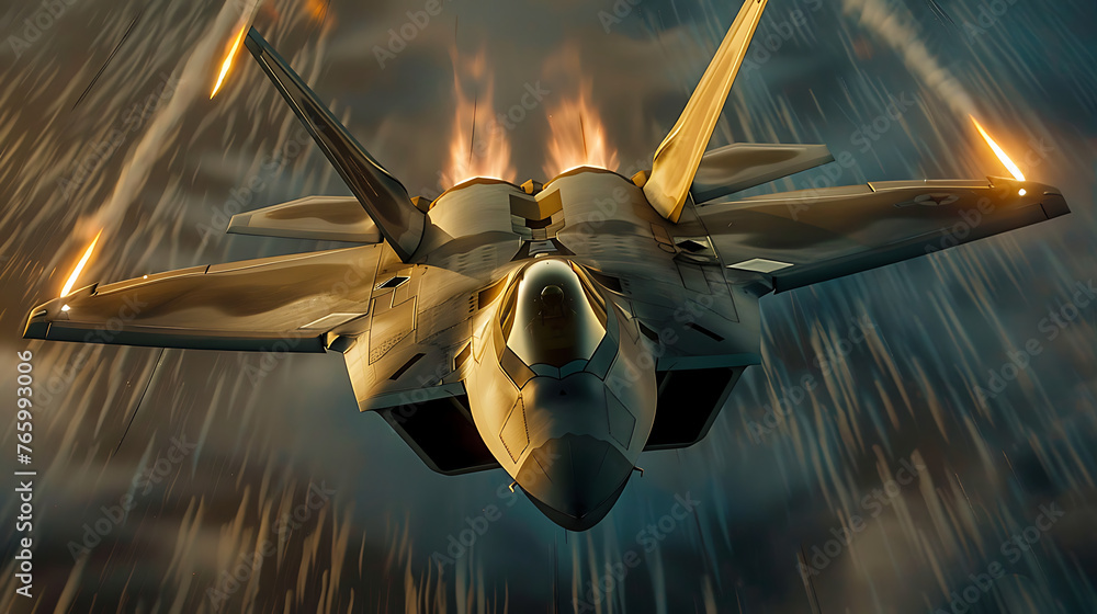 Jet fighter F-22 Raptor flying fast through the blue sky and orange ...