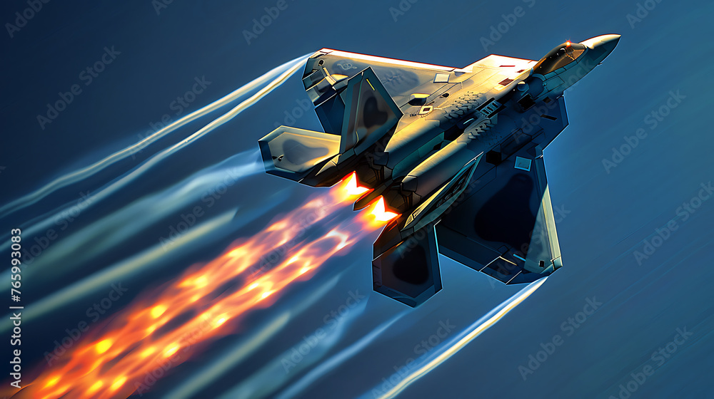 Jet fighter F-22 Raptor flying fast through the blue sky and orange ...