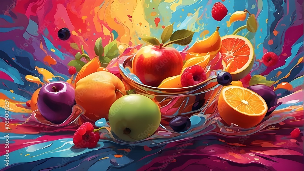 "A digitally rendered illustration of fruits with slices and juice ...