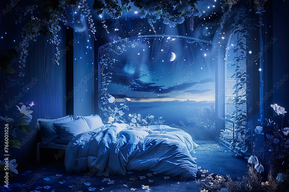 Luxurious moonlit bedroom overlooking night garden and starry skies ...