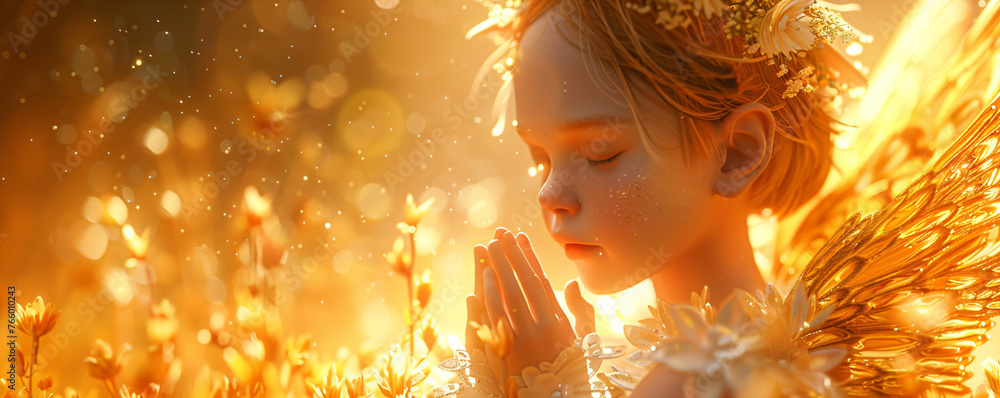 Happy little baby angel praying in sky. Angelic girl with wings folded ...