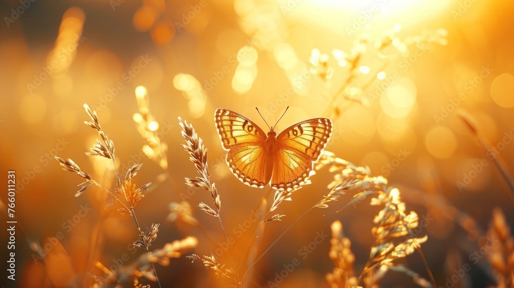 Golden Butterfly in Sunset Glow on Wild Grass Meadow - Artistic Macro ...