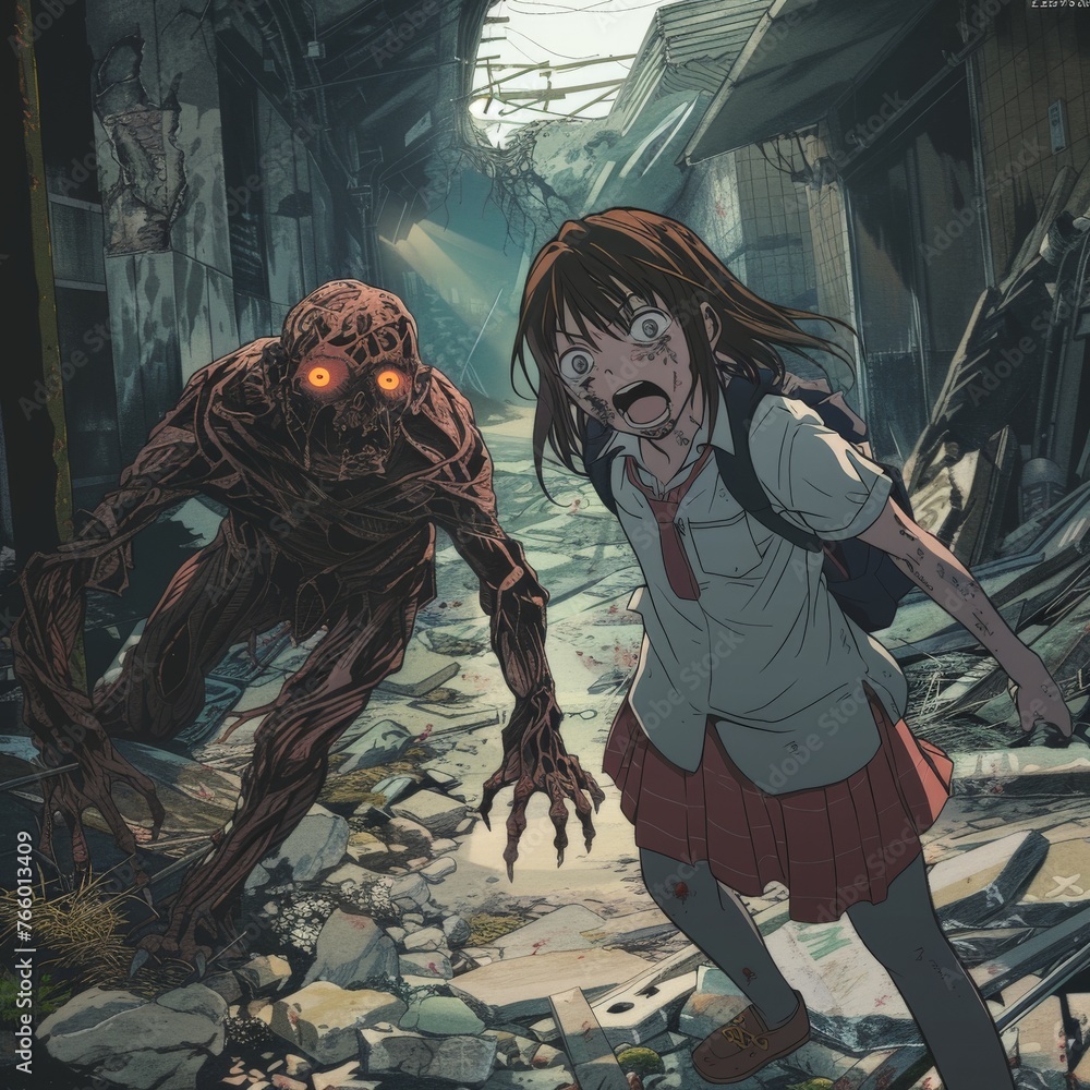 ภาพประกอบสต็อก Terror in the Rubble: A young schoolgirl flees in terror ...
