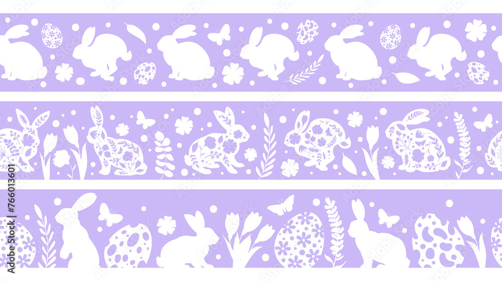 Easter bunny seamless borders. Cute rabbits dividers with Easter eggs ...