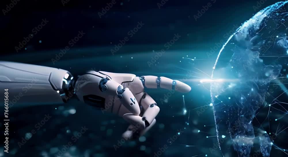 The technology concept, of a digital blue glow hand of robot touch ...