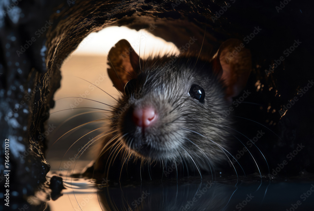 Intricate and dark depiction of a small rat emerging from a tube in an ...