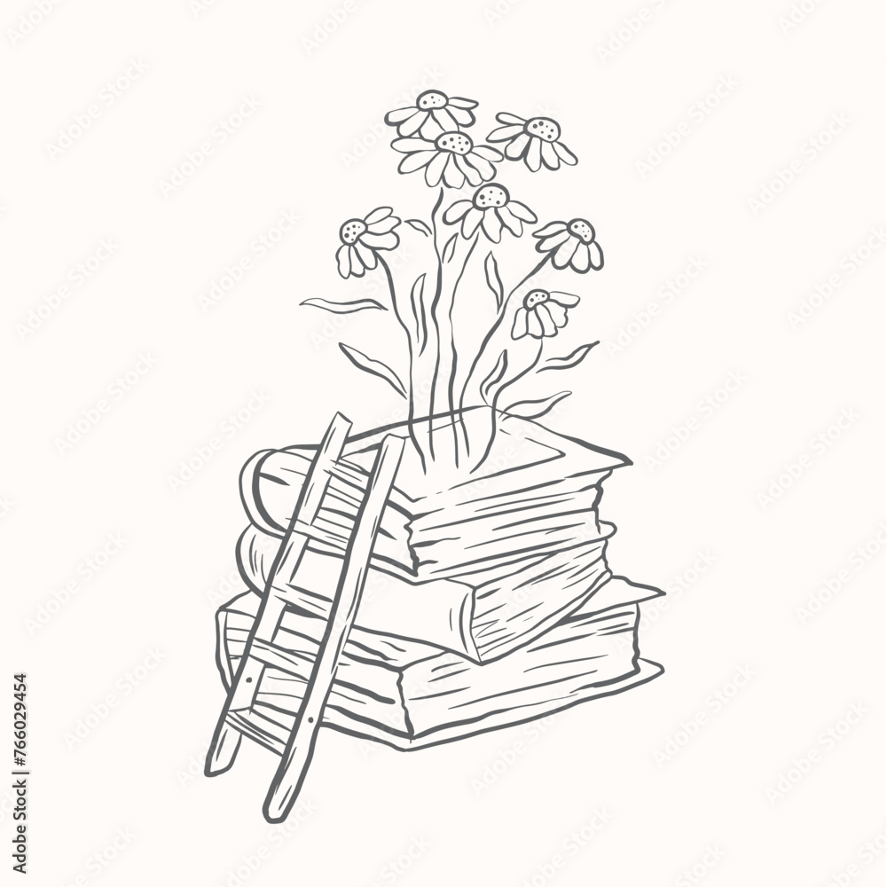 Sketch book stack and wild flowers vector, hand drawn book and daisy ...