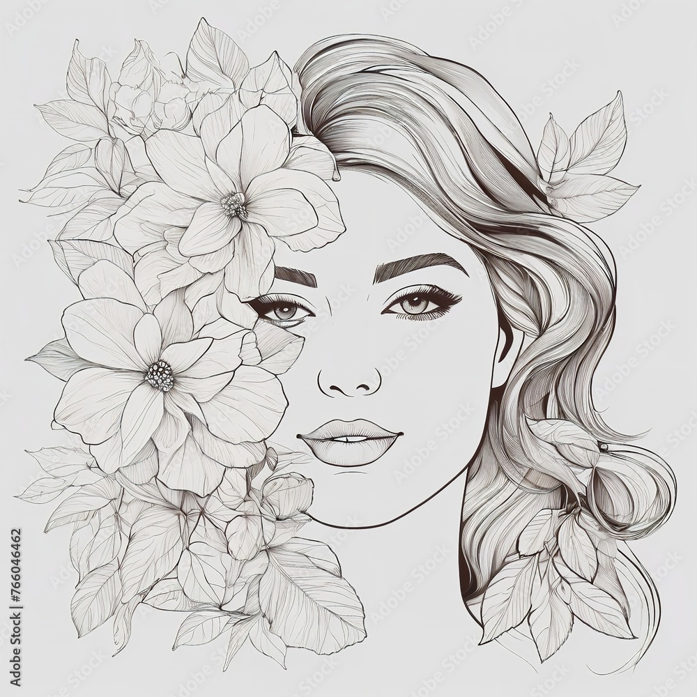 Abstract Female Face In One Line Woman Face With Flowers Surreal Line