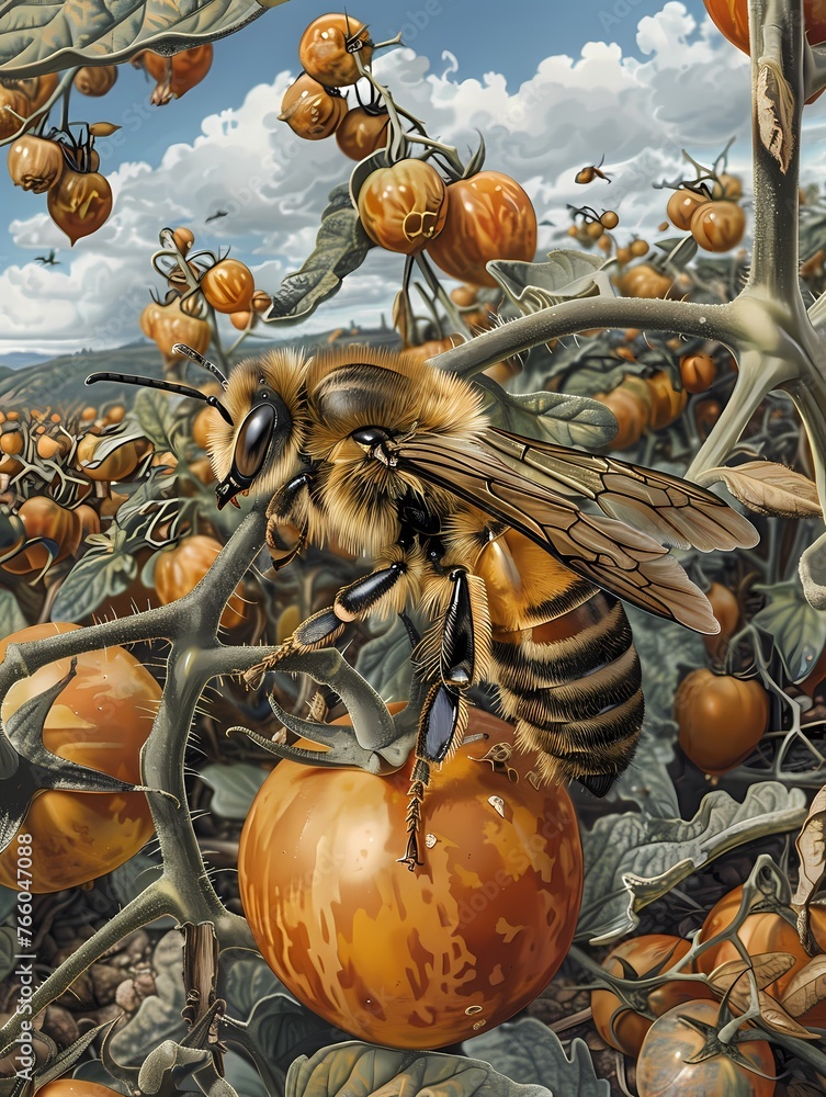 Illustrazione Stock bee perched on the rhizome of a tomato vine with a ...