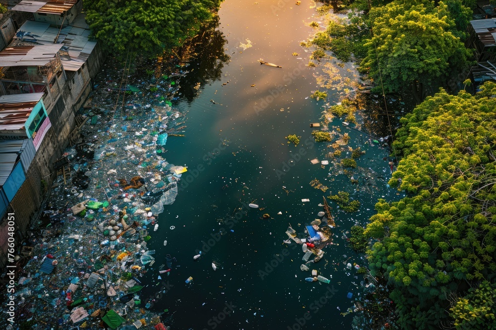 River winding through slums with floating trash - Aerial view of a ...