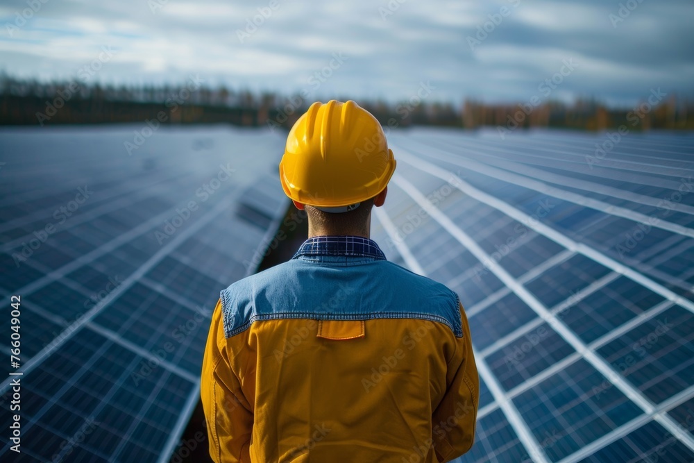 Engineer wearing a helmet inspects solar system, electrician or ...