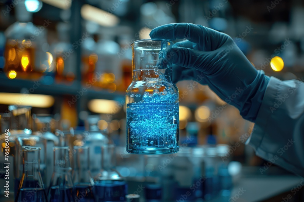 Chemist holding beaker with blue liquid - A chemist's gloved hand holds ...
