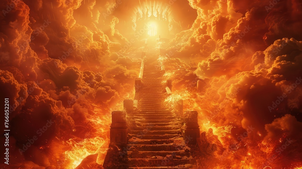 Apocalyptic staircase to a fiery light above - A surreal depiction of ...