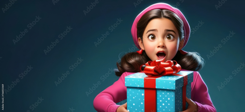 Surprise and expectation: the girl holds the mysterious gift box with ...